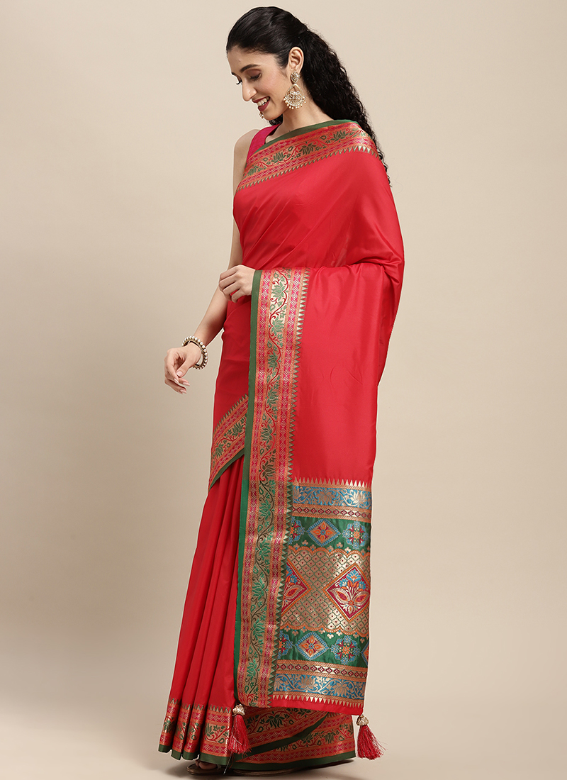 Buy Silk Blend Red Traditional Wear Weaving Work Saree Online From ...