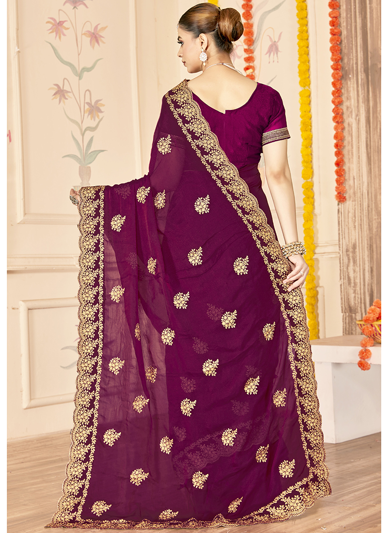 Buy Moss Silk Wine Ocassional Wear Zari Embroidery Work Saree Online ...