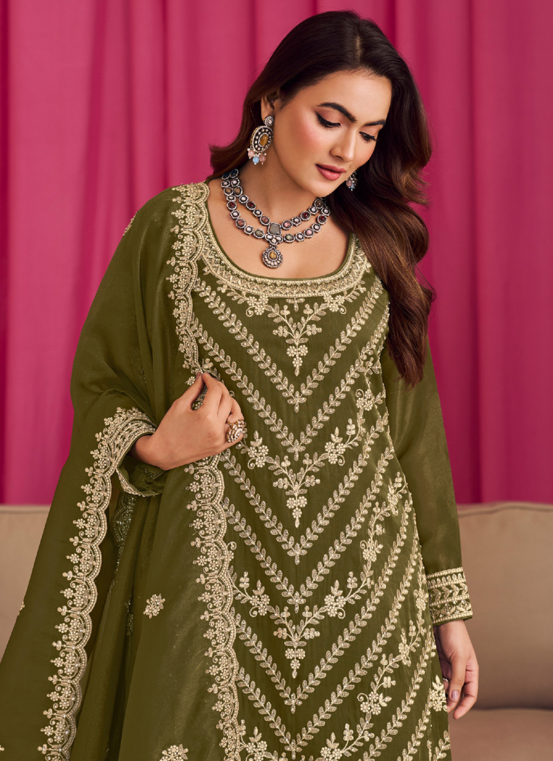 Buy Shimmer Silk Bottle Green Wedding Wear Emroidery Work Readymade Plazzo Suit Online From ...