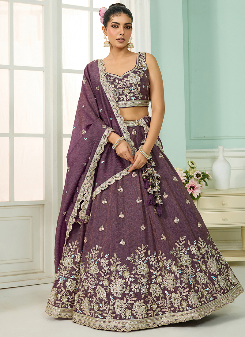 Buy Tissue Purple Bridal Lehenga Choli Embroidery Work Lehenga Choli ...
