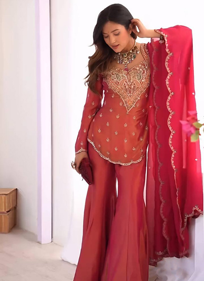 Buy Chanderi Silk Dusty Pink Festival Wear Embroidery Work Readymade ...