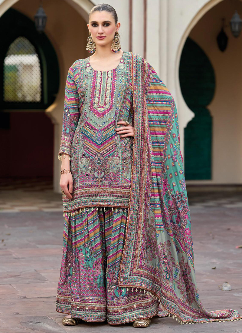 Buy Chinon Multi Color Party Wear Digital Print Work Readymade Sharara ...