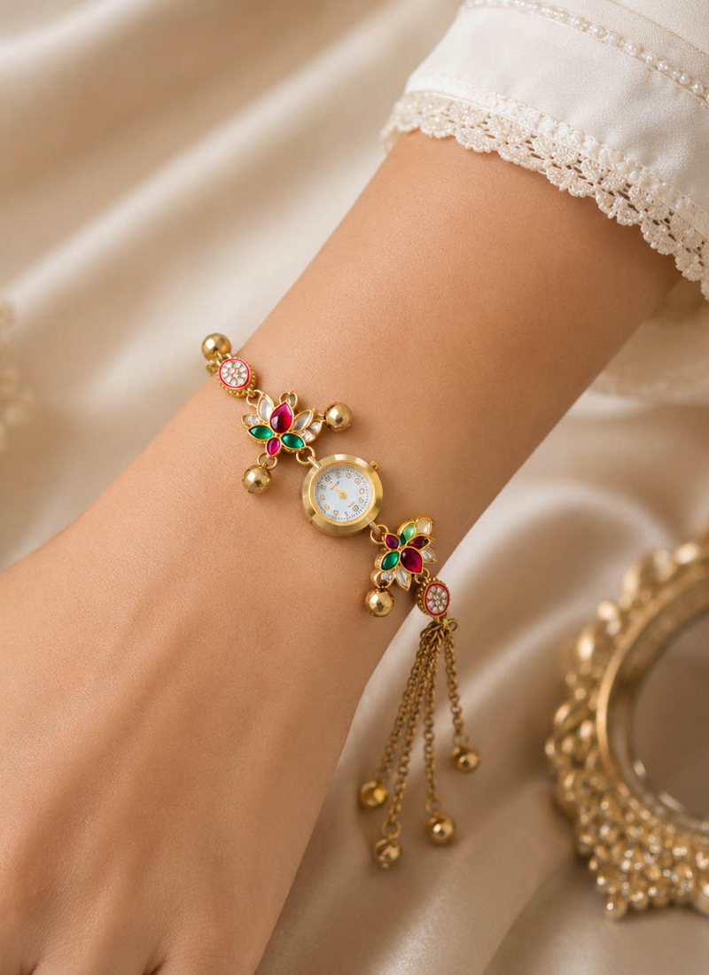 Buy Kundan Studded Multi Color Party Wear Stone Work Bracelet Watch ...
