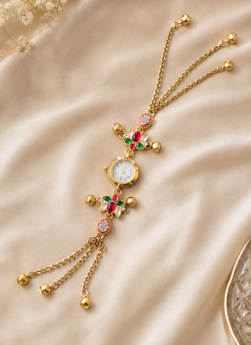 Buy Kundan Studded Multi Color Party Wear Stone Work Bracelet Watch ...